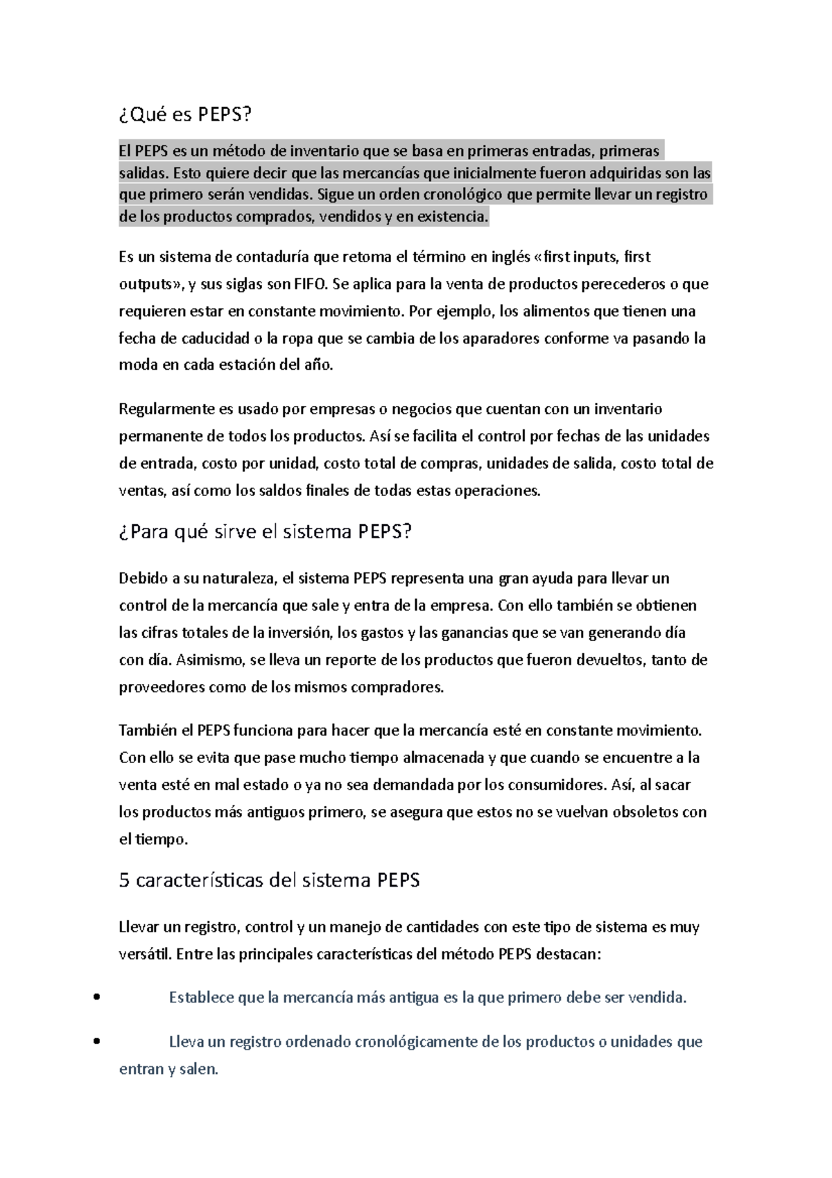 Qué es PEPS - Apuntes - ¿Qué es PEPS? El PEPS es un método de ...