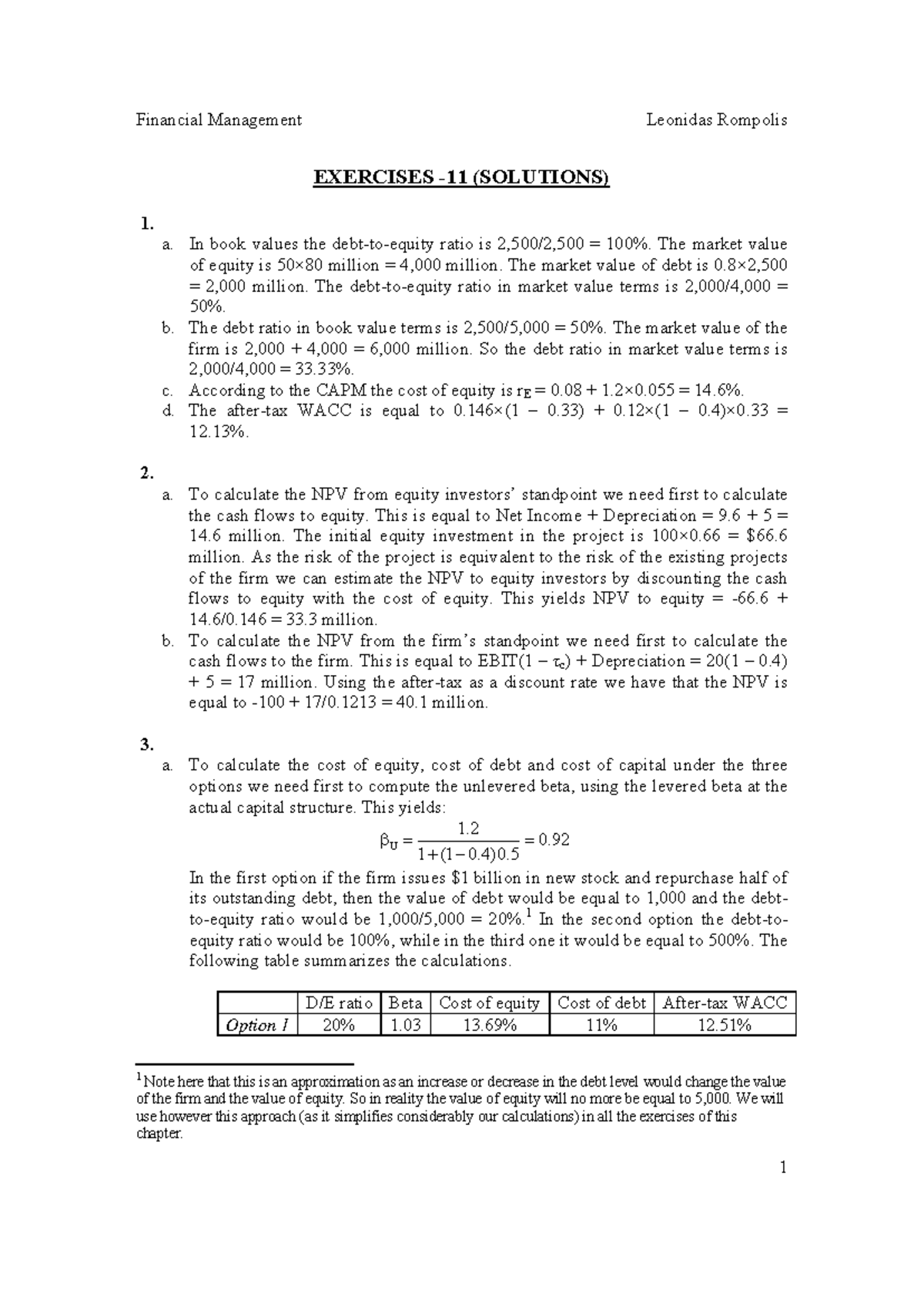 Financial Management CF Exercises 11 Solutions by Leonidas Rompolis ...