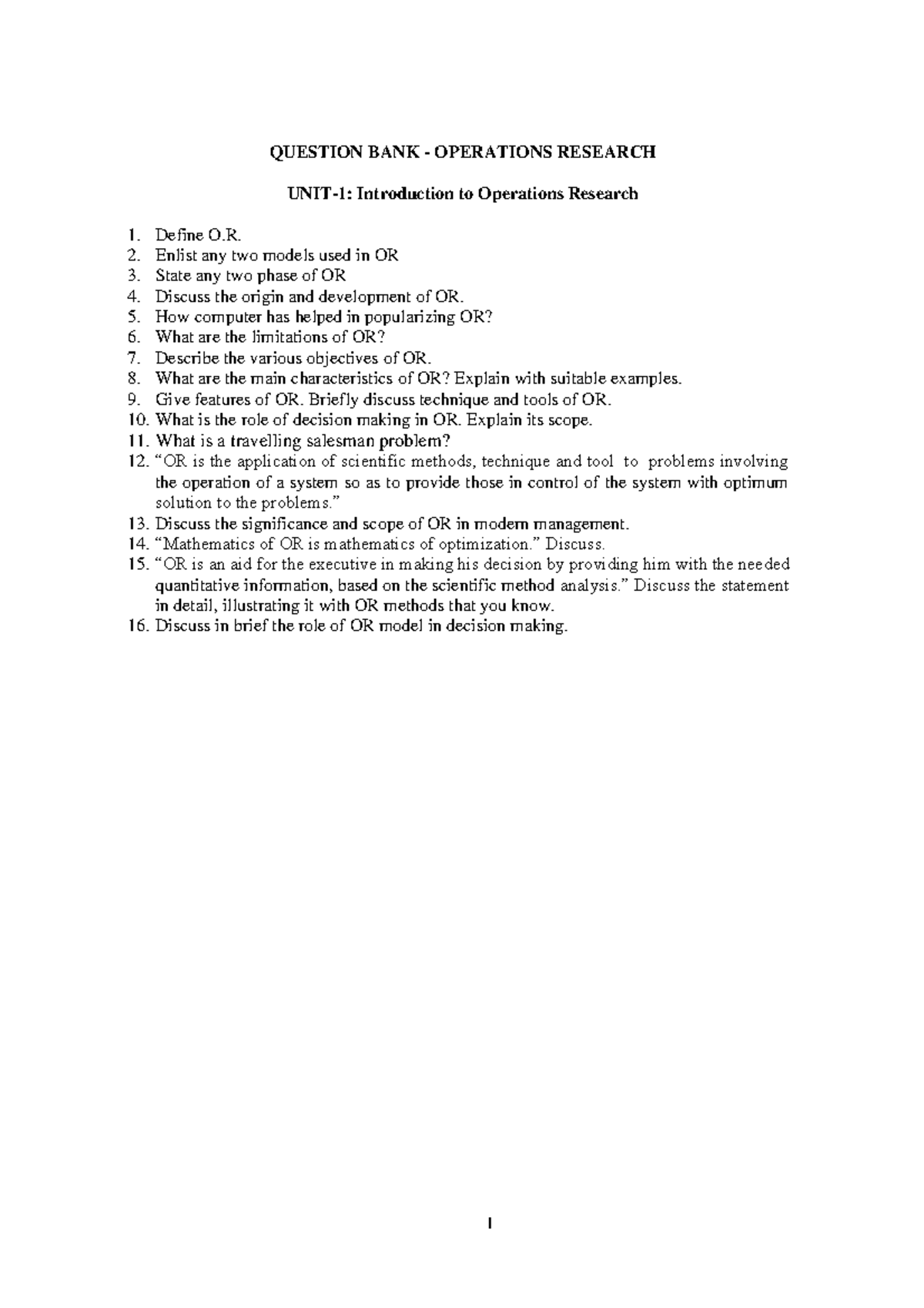 **Question Bank: Operations Research (OR-101) - Comprehensive Guide ...
