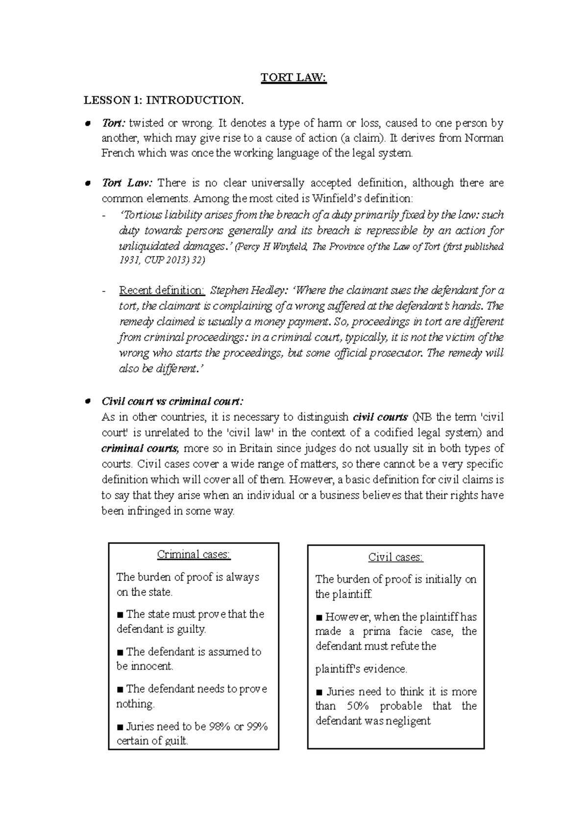 Apuntes TORT 1 - Semester 1 erasmus - TORT LAW: LESSON 1: INTRODUCTION ...