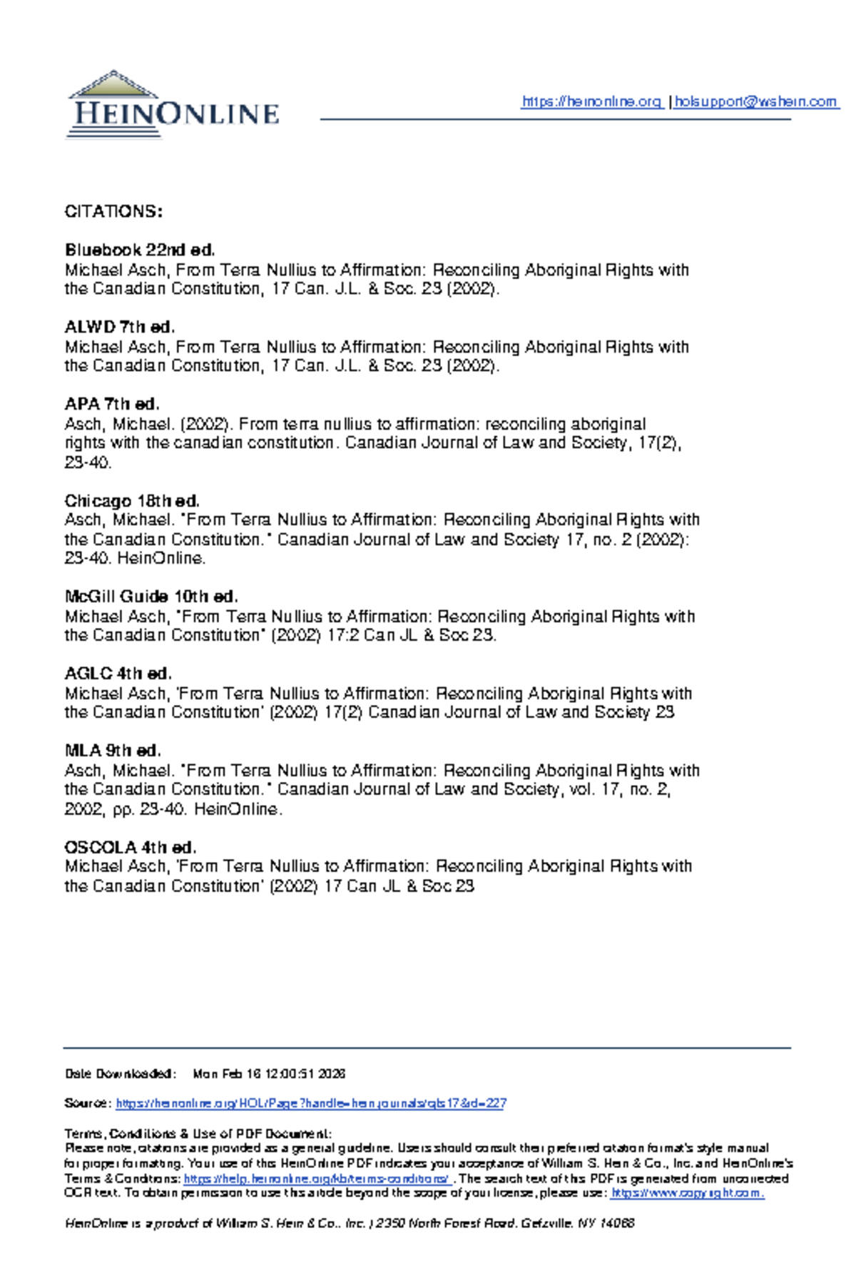CITATIONS: Seminar 3 Reading - Michael Asch's "From Terra Nullius to ...
