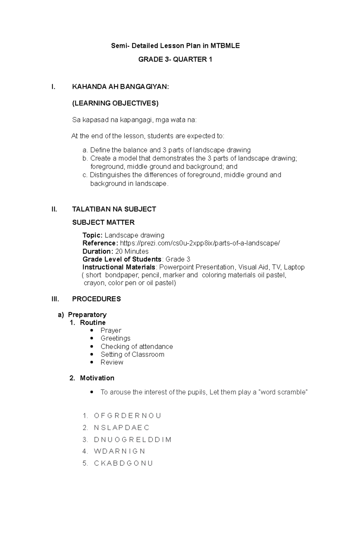 Lesson Plan: Landscape Drawing in MTBMLE for Grade 3 - Studocu