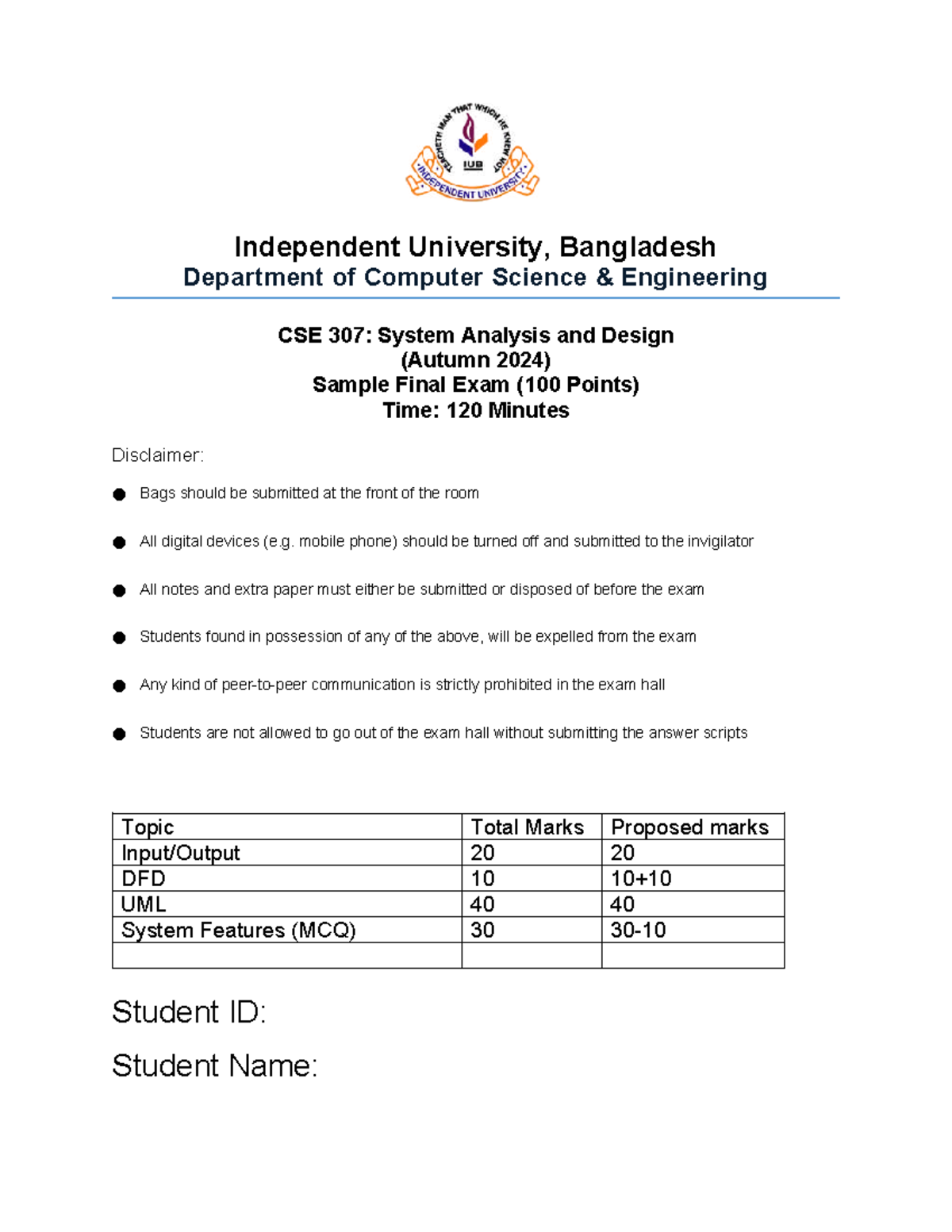 CSE 307: System Analysis & Design Sample Final Exam Solutions (Aut 2024) - Studocu