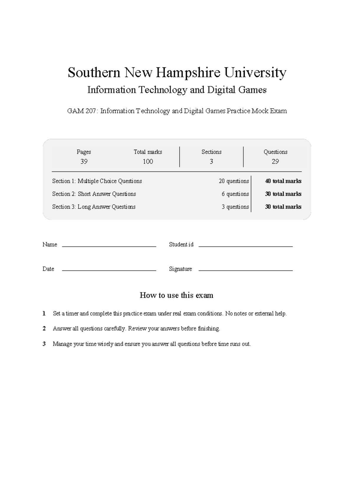 GAM 207: Information Technology & Digital Games Practice Mock Exam 2026 ...