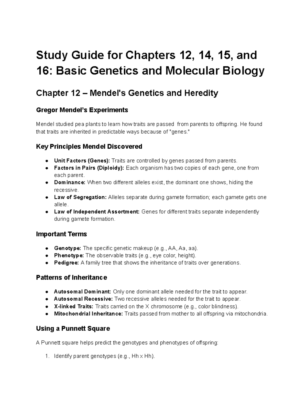 Study Guide for Chapters 12-16: Genetics & Molecular Biology - Studocu