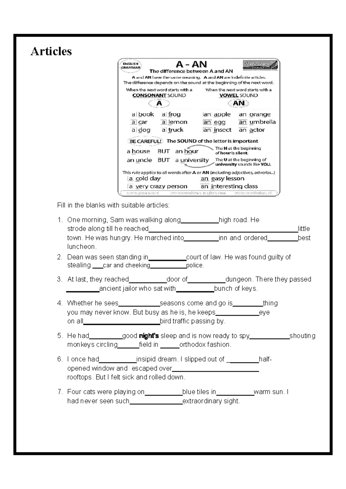 Articles Fill in the Blanks Exercise: Suitable Articles - Studocu