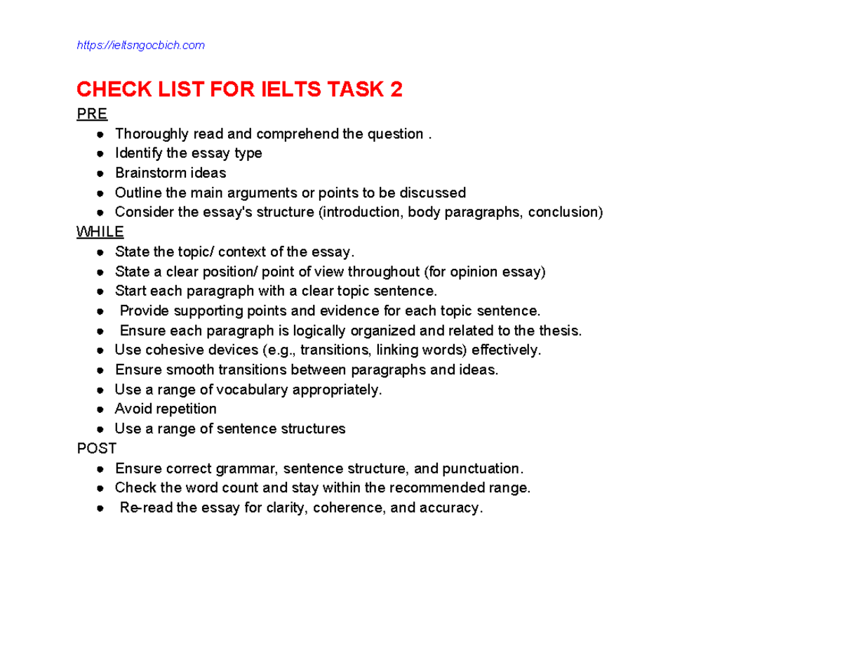 IELTS Task 2 Essay Writing Checklist - Studocu