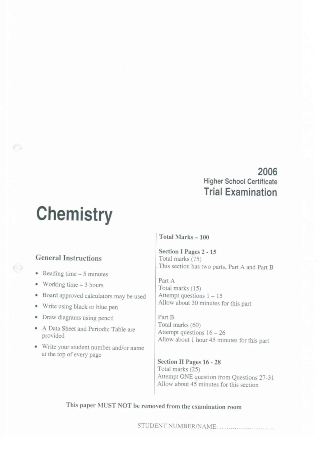 Chemistry HSC Trial Exam Paper 2006 - Total Marks 100 - Studocu