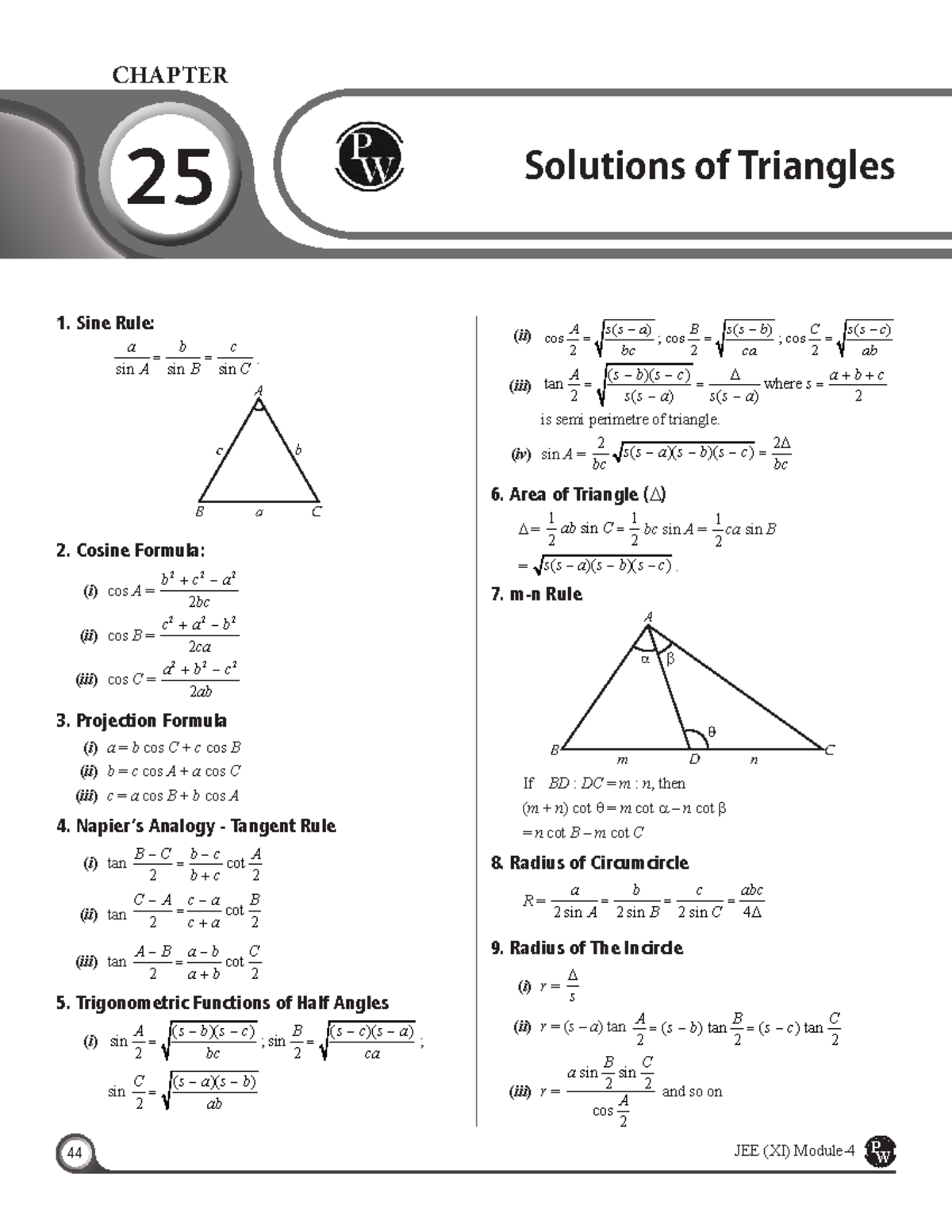 CHAPTER 25: Solutions of Triangles - Short Notes (JEE XI) - Studocu