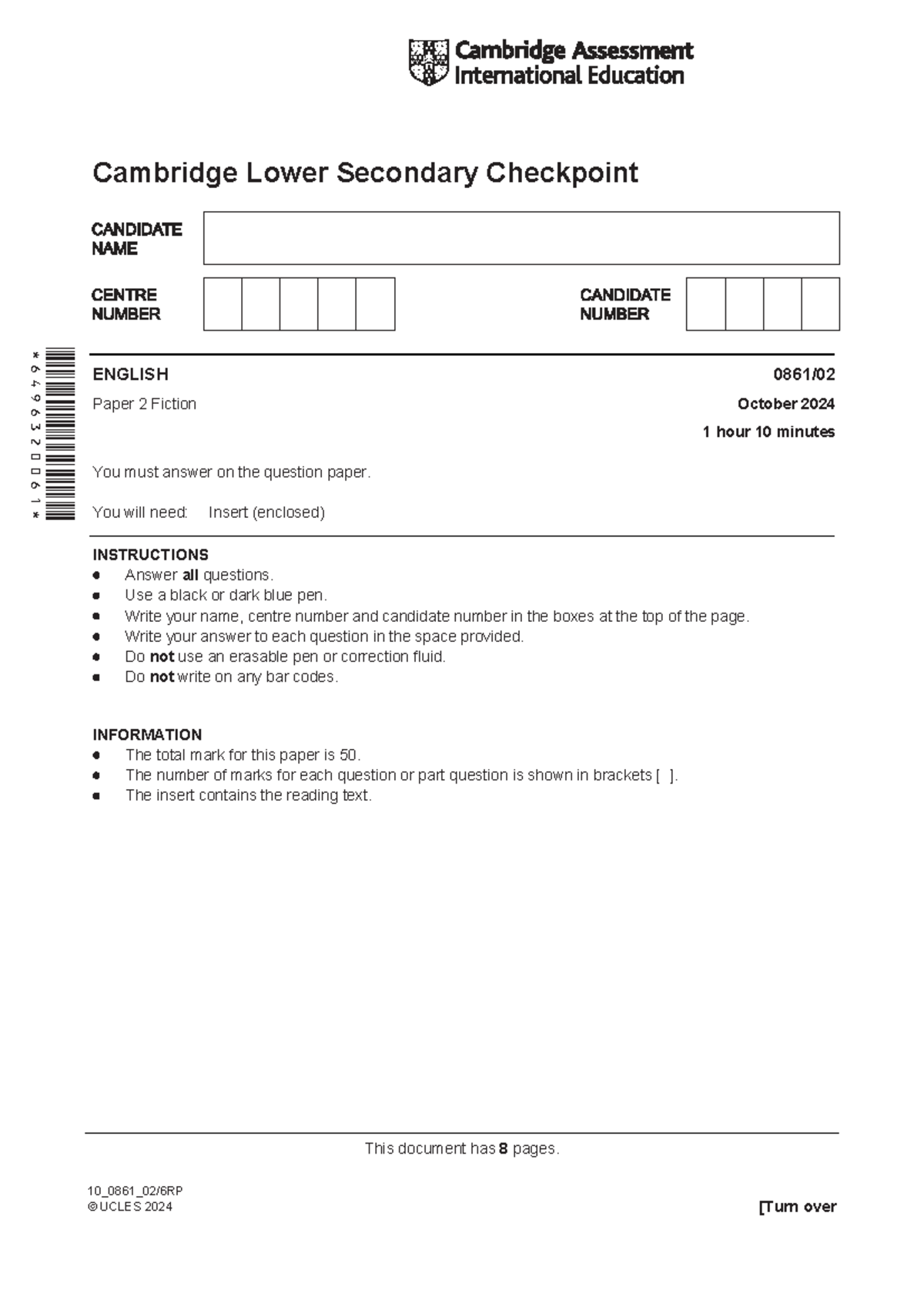 Cambridge Lower Secondary Checkpoint ENGLISH Paper 2 Fiction QP - Oct ...