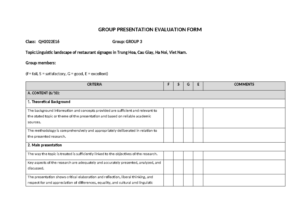Group Presentation Evaluation FORM - GROUP PRESENTATION EVALUATION FORM ...