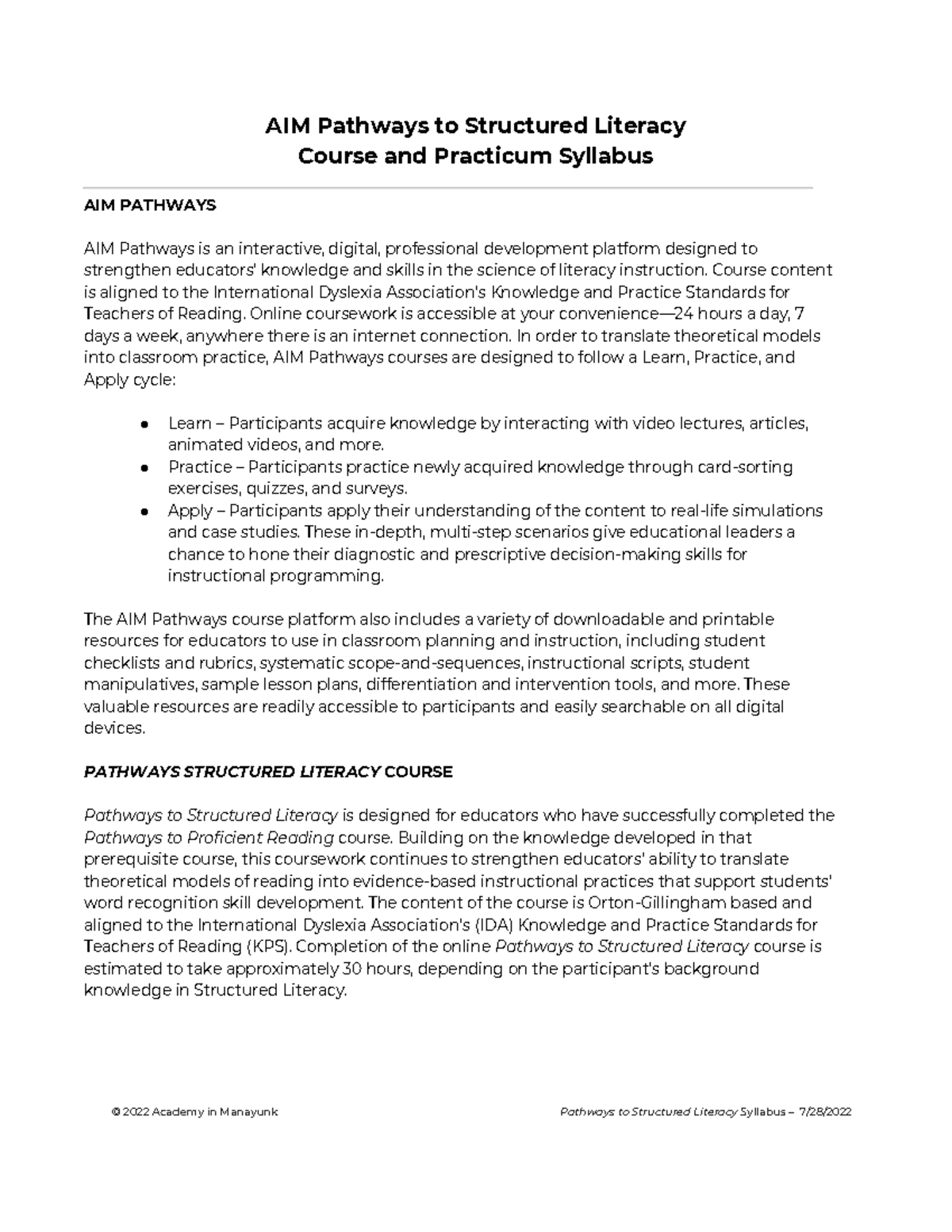 AIM Pathways to Structured Literacy Course and Practicum Syllabus - Studocu
