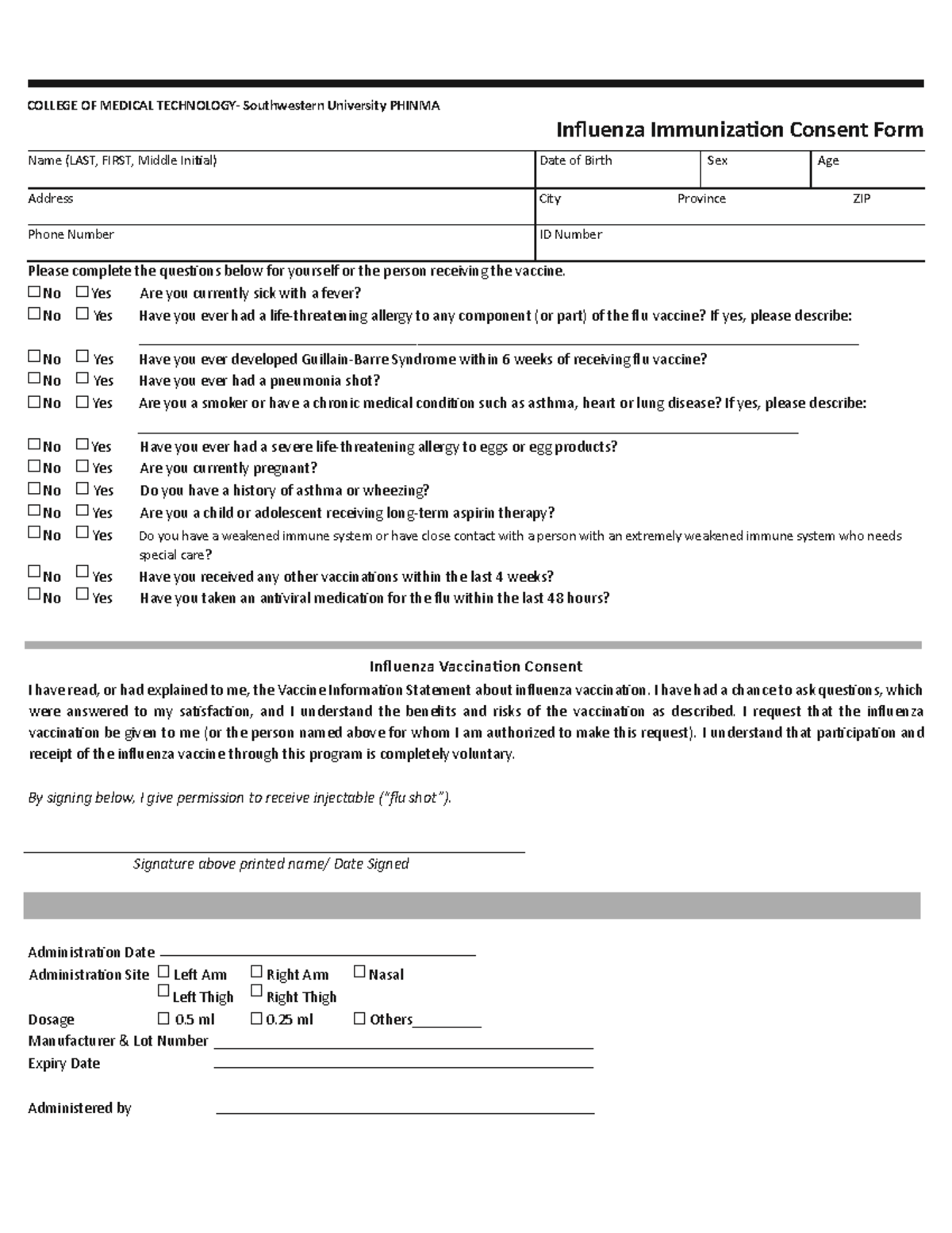 Influenza Consent FORM - COLLEGE OF MEDICAL TECHNOLOGY- Southwestern ...