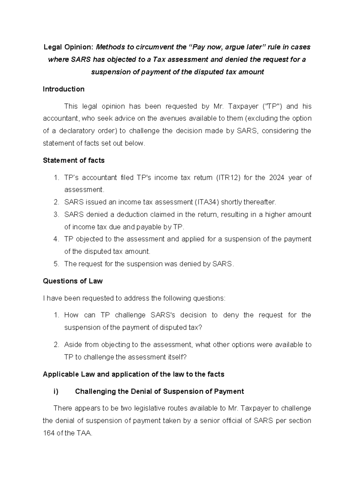 Tax law legal opinion final draft - Legal Opinion: Methods to ...