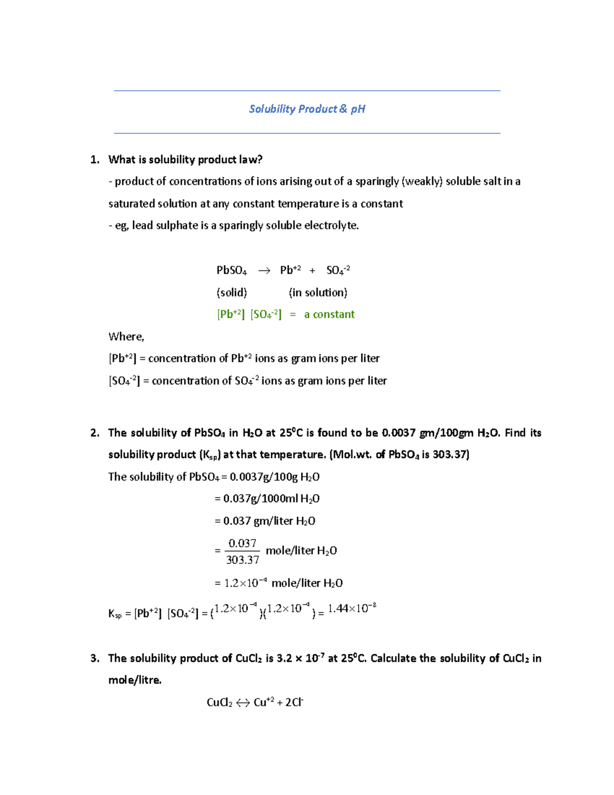 Chem 101 Final Quiz 2: Solubility Product & pH Insights - Studocu