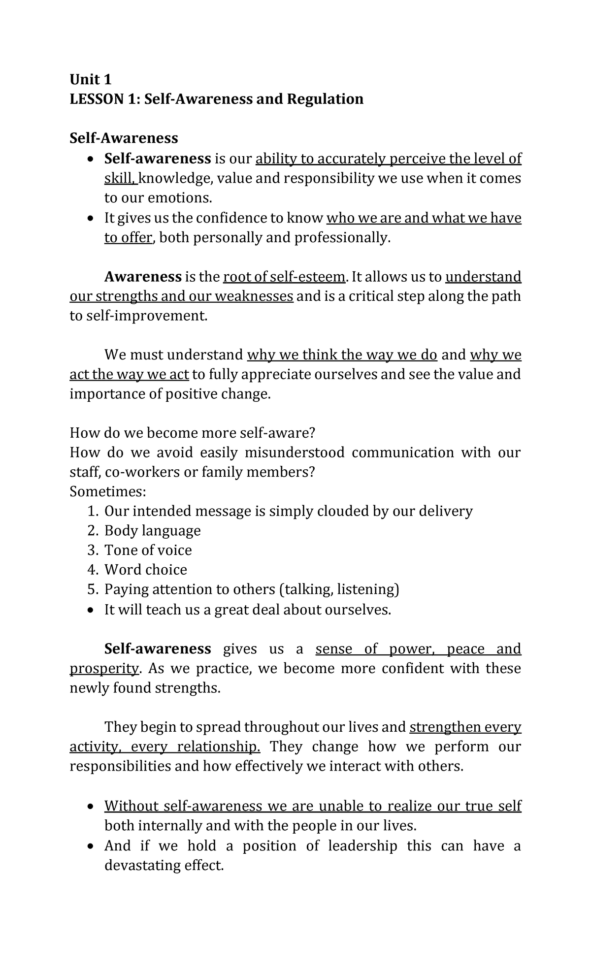 Service Culture Lesson 1-4 - Unit 1 LESSON 1: Self-Awareness and ...