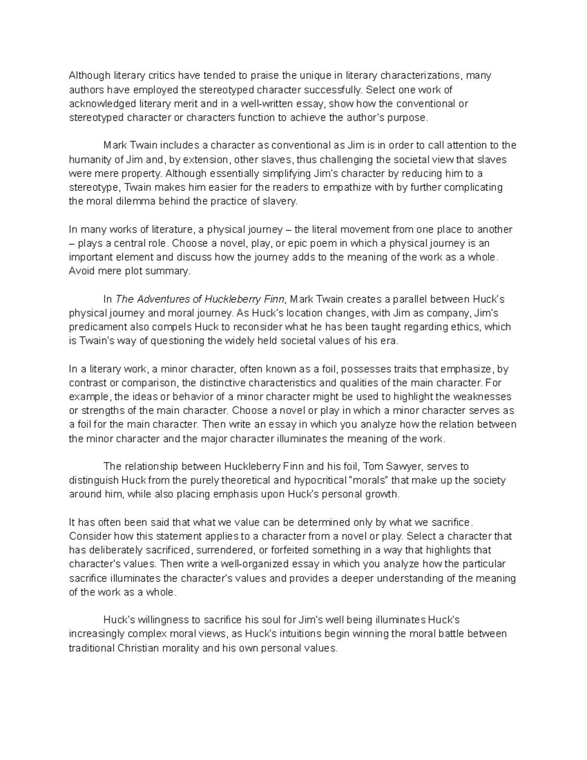 Huck Finn Practice Theses - Although literary critics have tended to ...