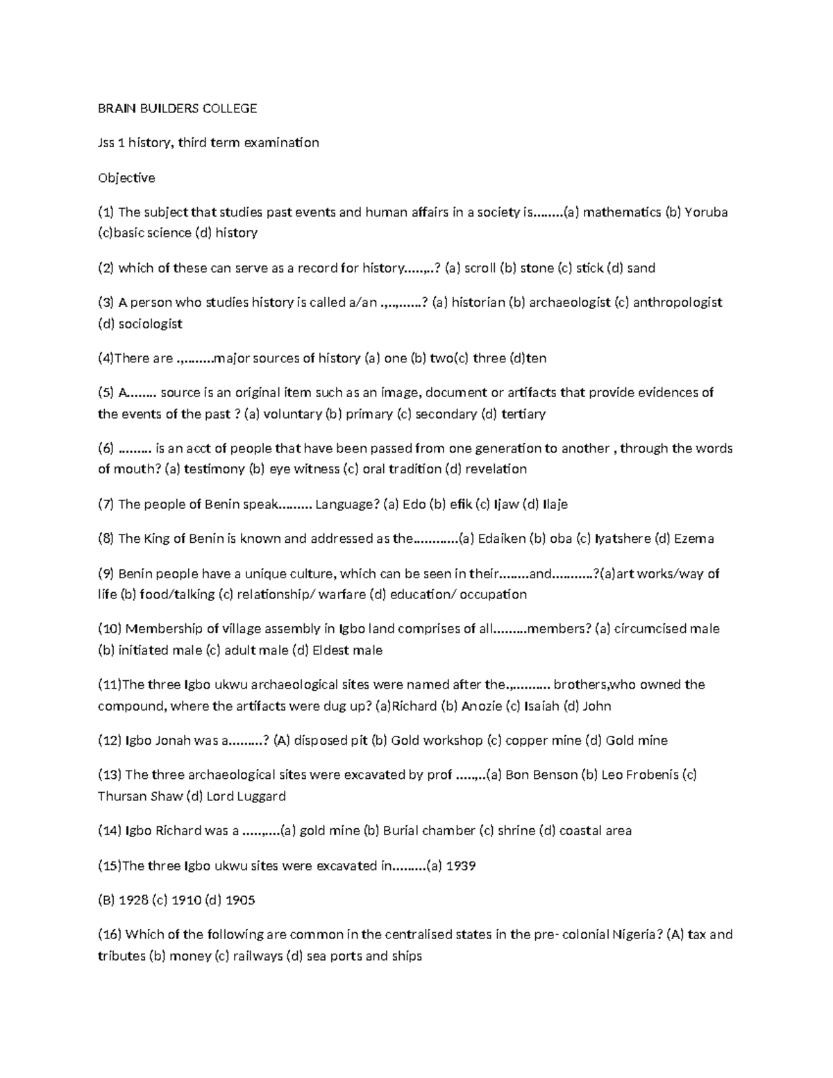 JSS 1 History Third Term Exam Questions and Answers - Studocu