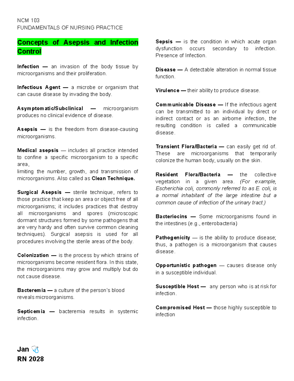 Fundamentals of Nursing Practice - 1st RLE: Infection Control & Asepsis ...