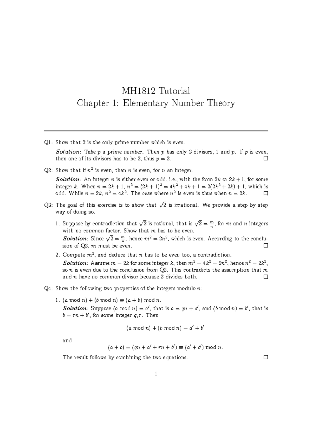 Tutorial 1 Solutions - MH1812 Tutorial Chapter 1: Elementary Number Theory Q1:Show that 2 is the ...
