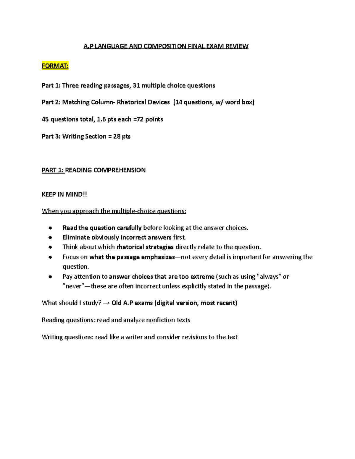 A.P Lang Final Exam Review: Key Strategies & Tips for Success - Studocu