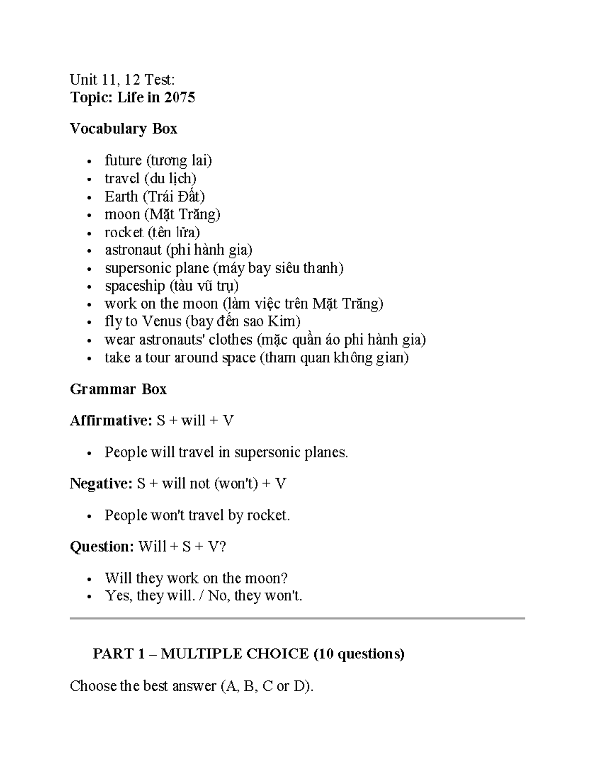 Unit 11-12 Test: Life in 2075 Vocabulary & Grammar Review - Studocu