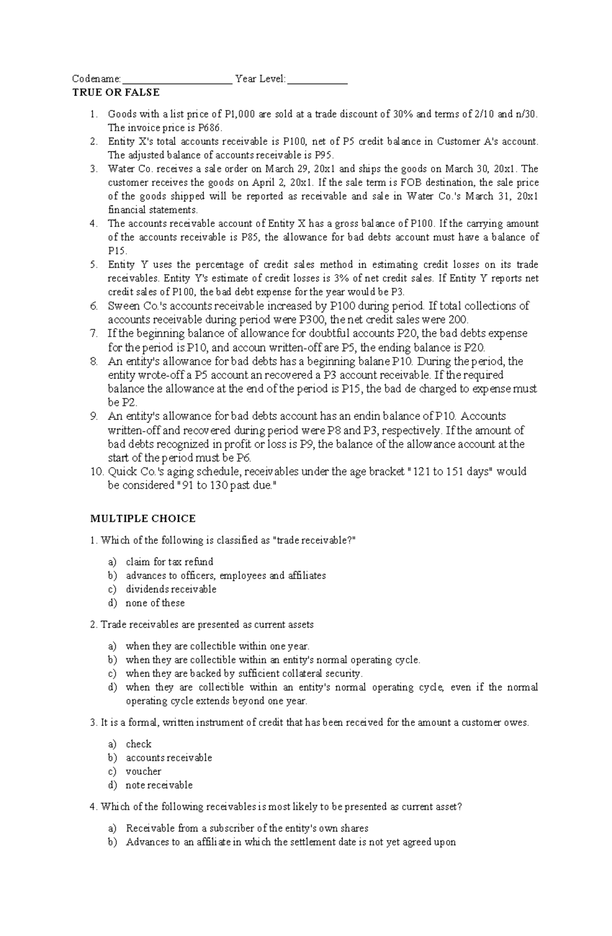 Accounts Receivable Quiz: True or False Analysis and Multiple Choice ...