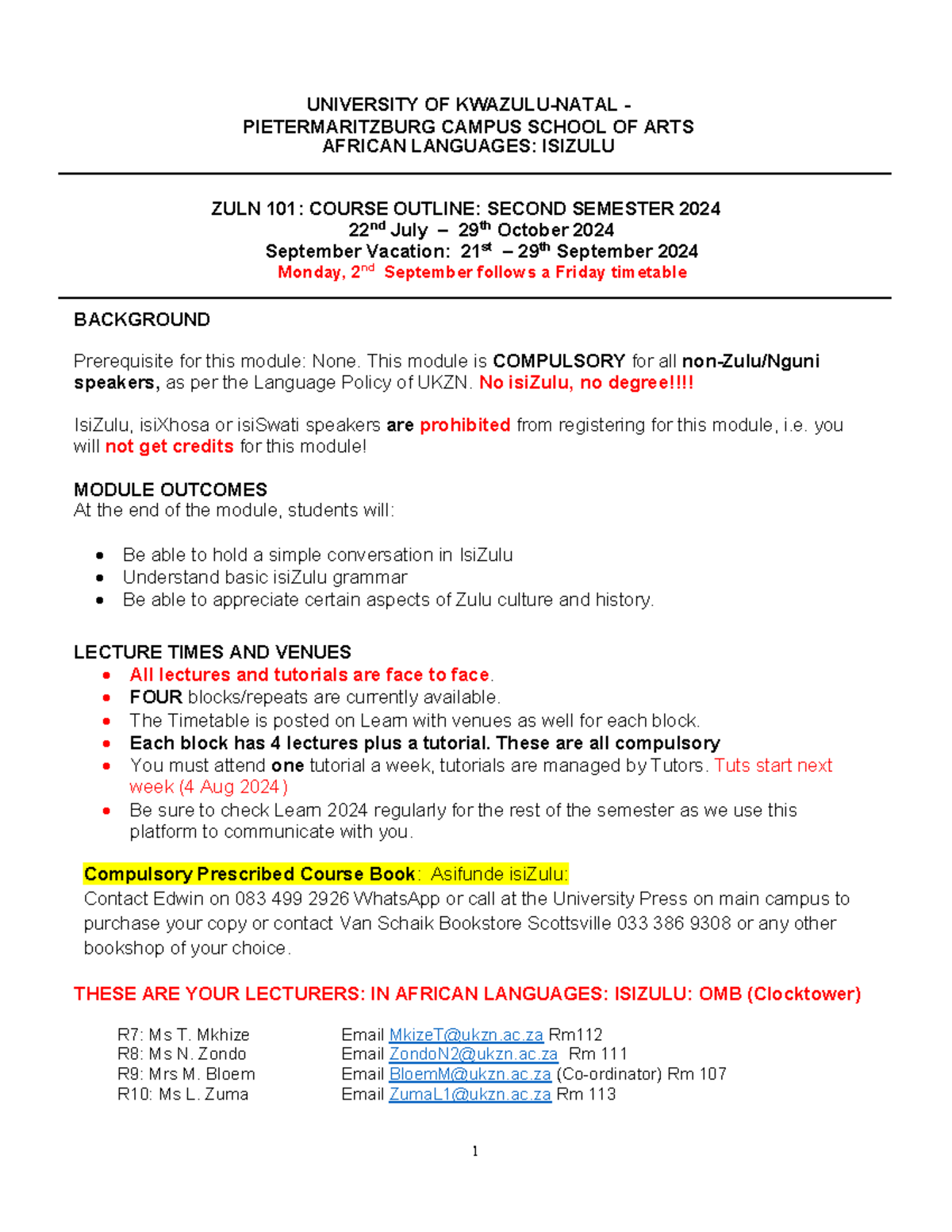 2024 - ZULN 101 Course Outline - Semester 2 - 1 UNIVERSITY OF KWAZULU ...