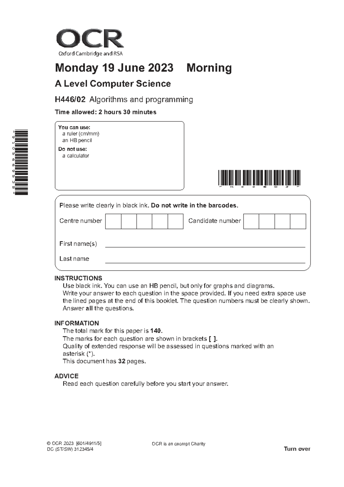 A Level Computer Science Algorithms & Programming Exam Paper (H44602 ...