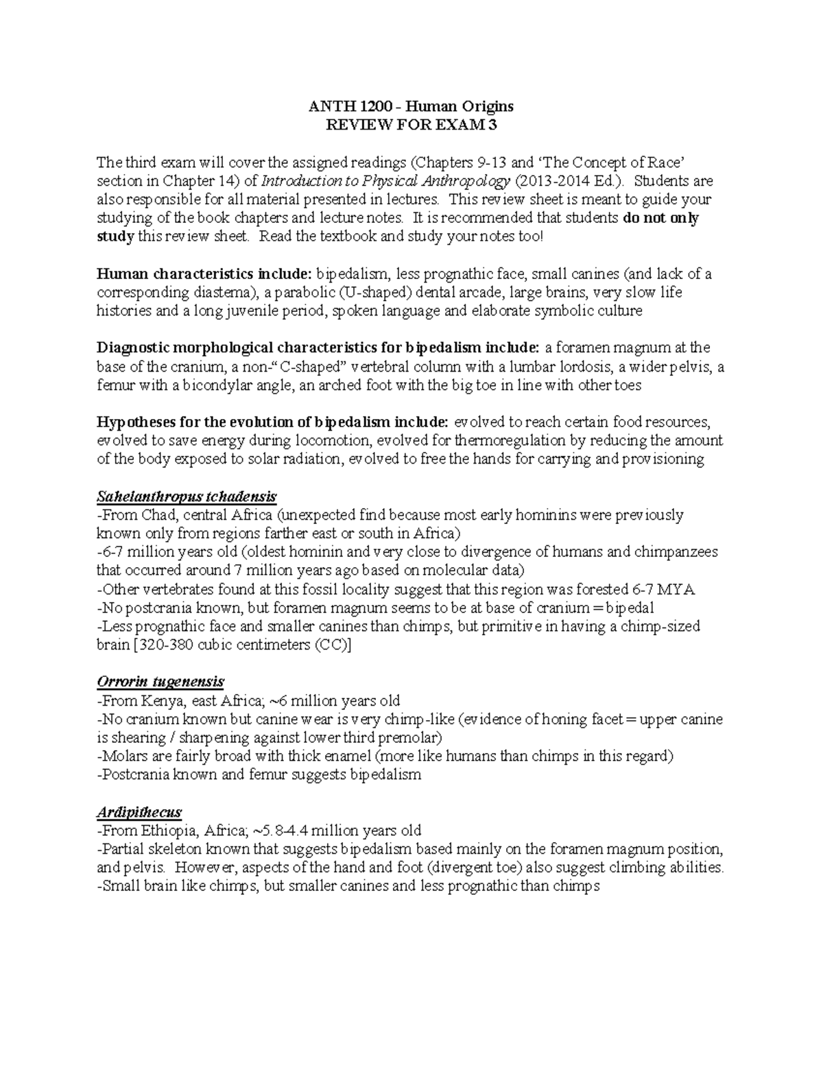 ANTH 1200 Exam 3 Review Sheet Fall 2017 - ANTH 1200 - Human Origins ...