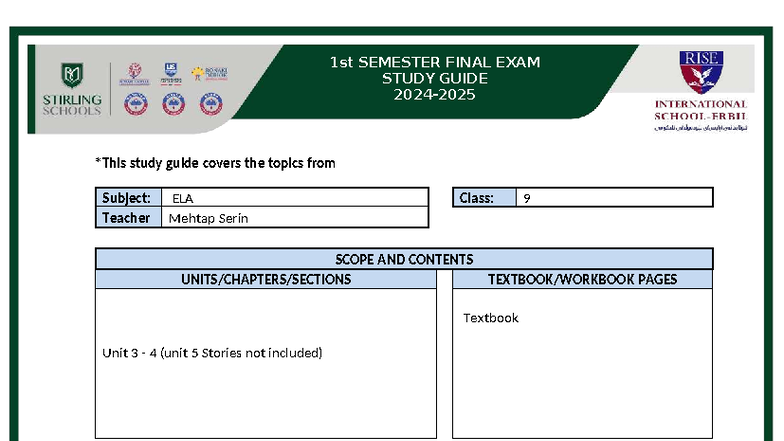 9th GRADE ELA 1ST SEMESTER FINAL EXAM STUDY GUIDE - Studocu