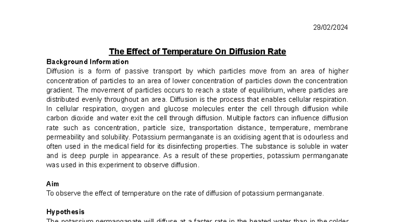 Diffusion Practical Report: Impact of Temperature on Rate (Sci-101 ...