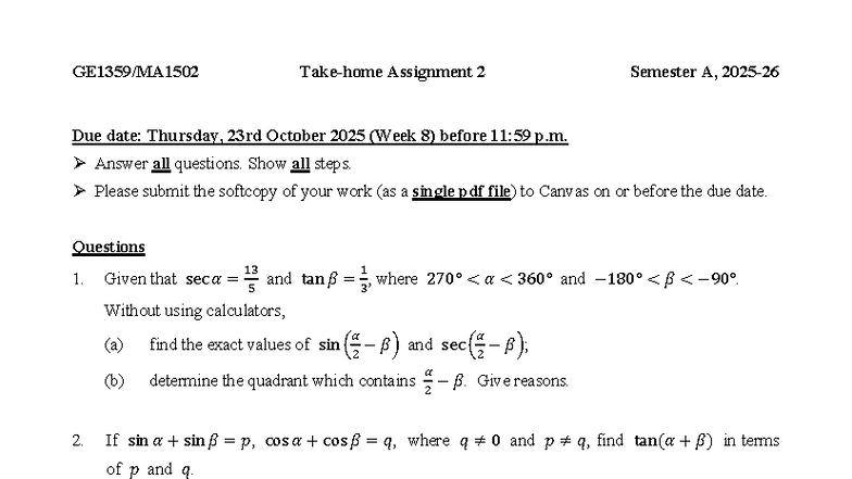 GE1359 MA1502 Assignment 2: Trigonometry & Partial Fractions - Studocu