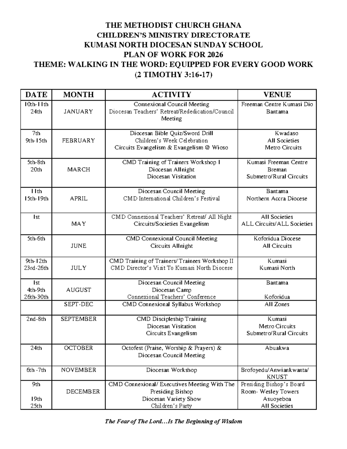 PLAN OF WORK 2026: Kumasi North Sunday School Activities - Studocu