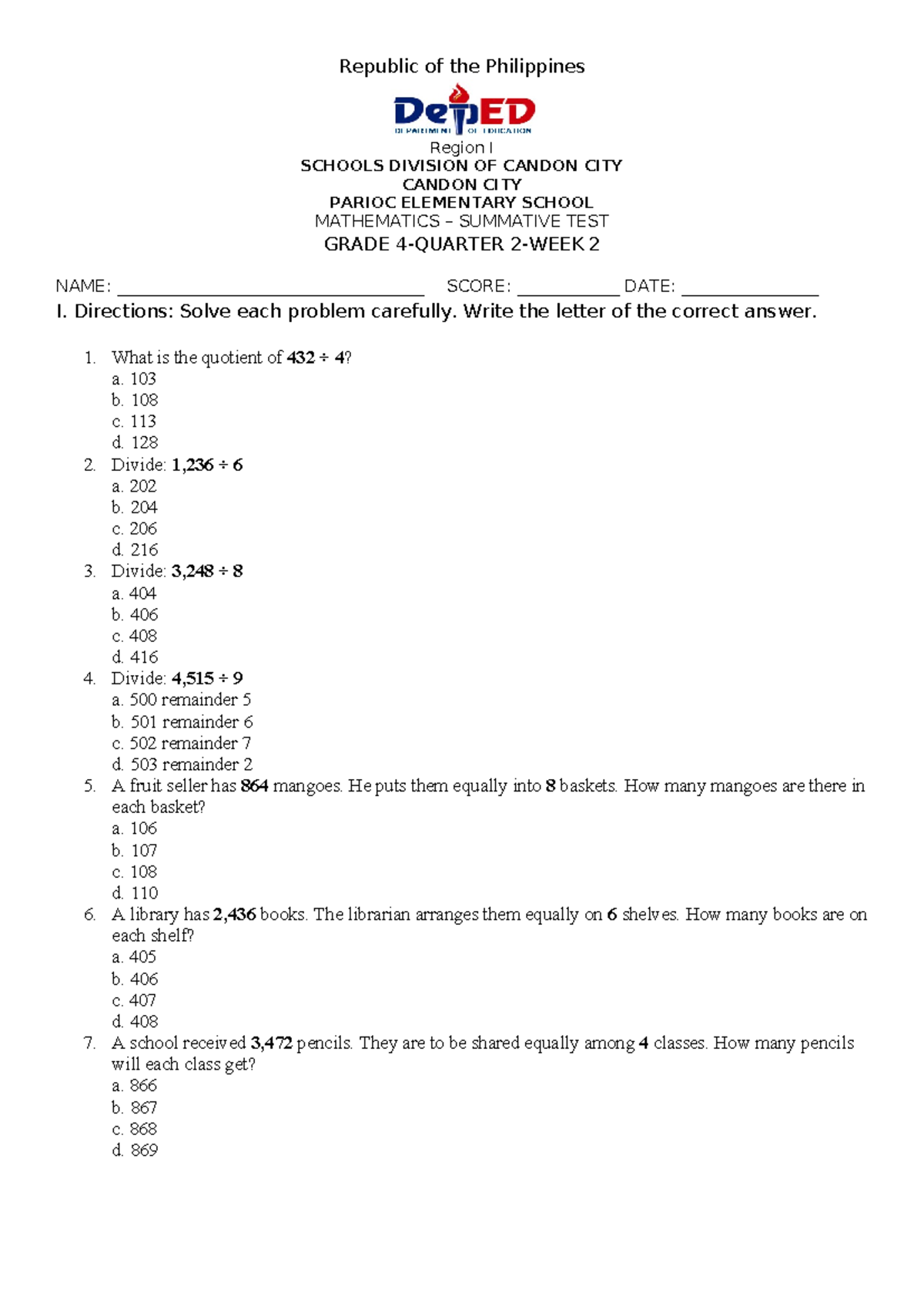 Grade 2 Math Summative Test - Candon City Elementary School - Studocu