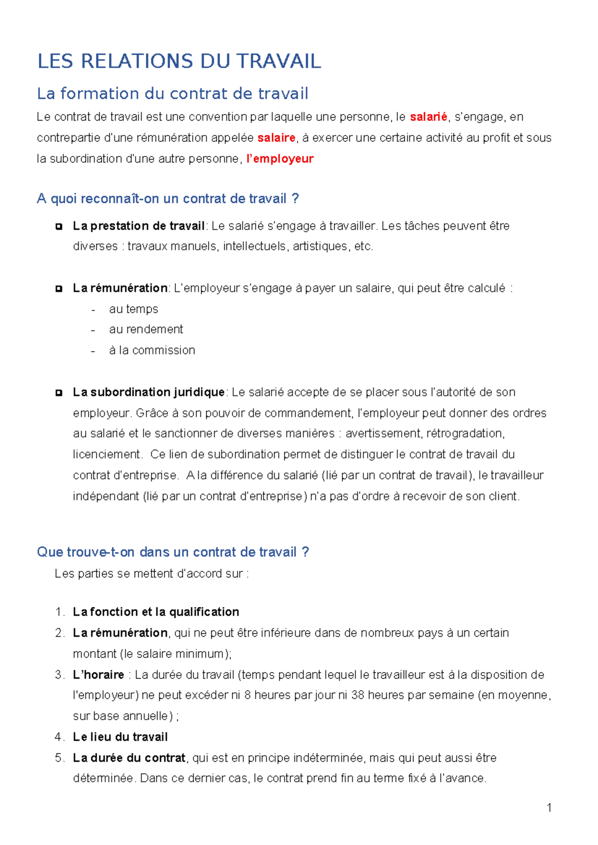 LES RELATIONS DU TRAVAIL : Formation et Conditions du Contrat de ...