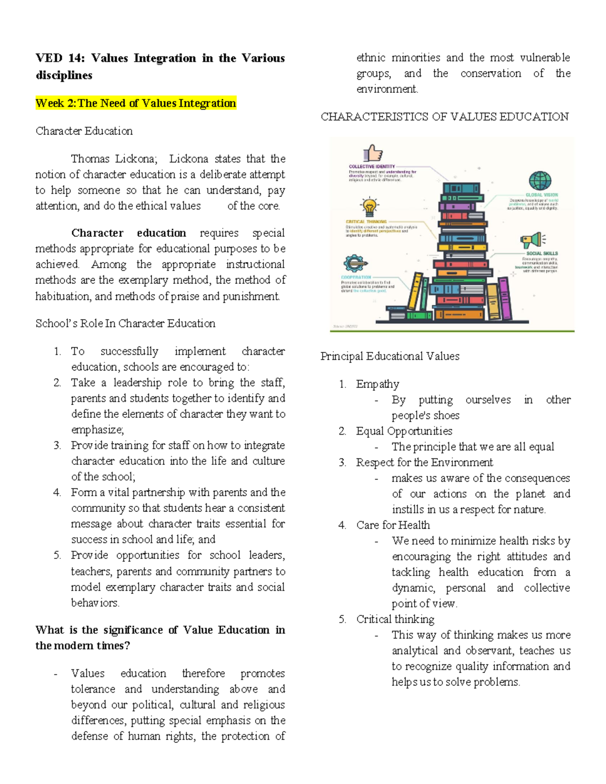 VED 14: Comprehensive Review on Values Education and Integration - Studocu