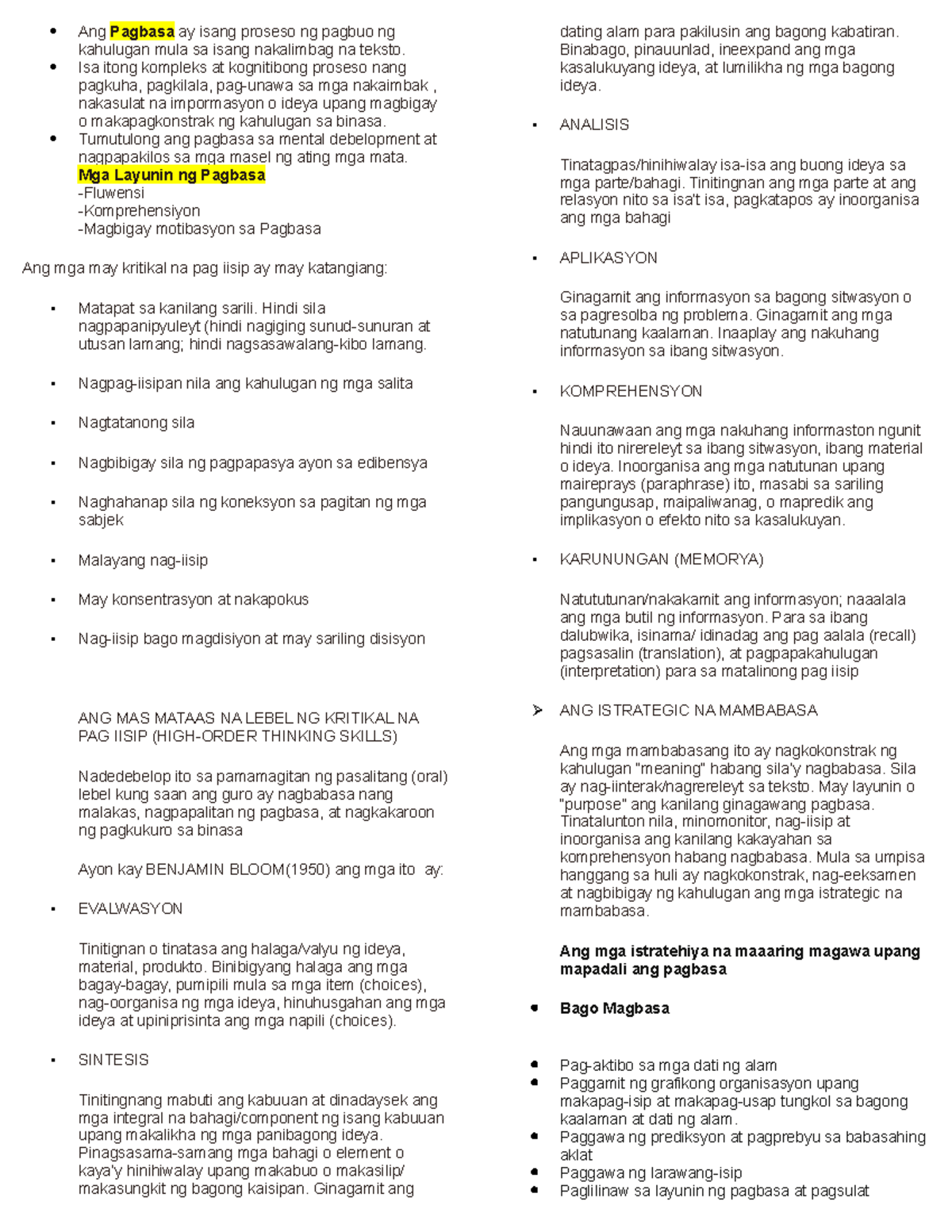 Pagbasa bilang Prosesong Kognitibo: Pagbuo ng Kahulugan at Kritikal na ...