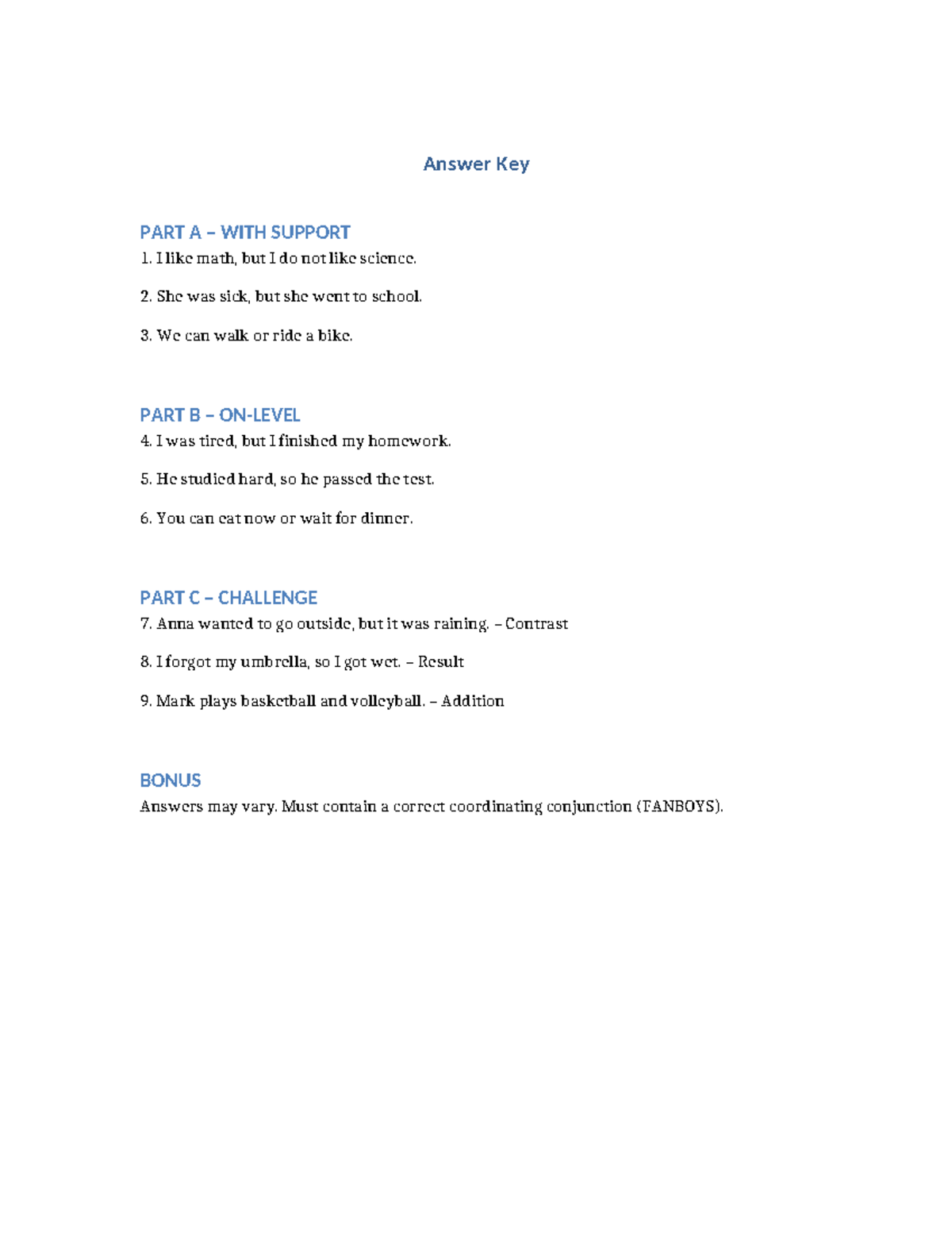 Coordinating Conjunctions Answer Key with Support - Studocu