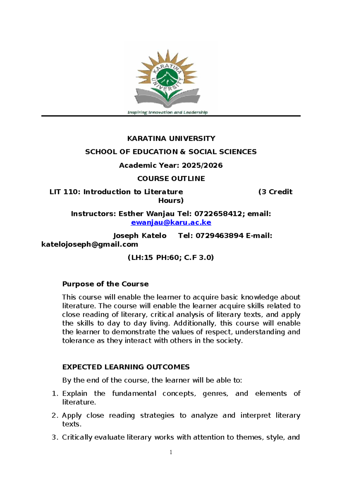 LIT 110: Course Outline & Content Overview for Intro to Literature ...