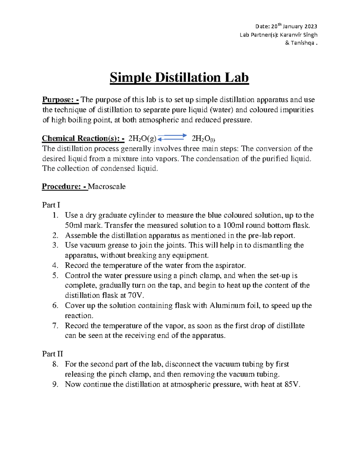 CHEM 2320 Simple Distillation Lab Report and Observations - Studocu