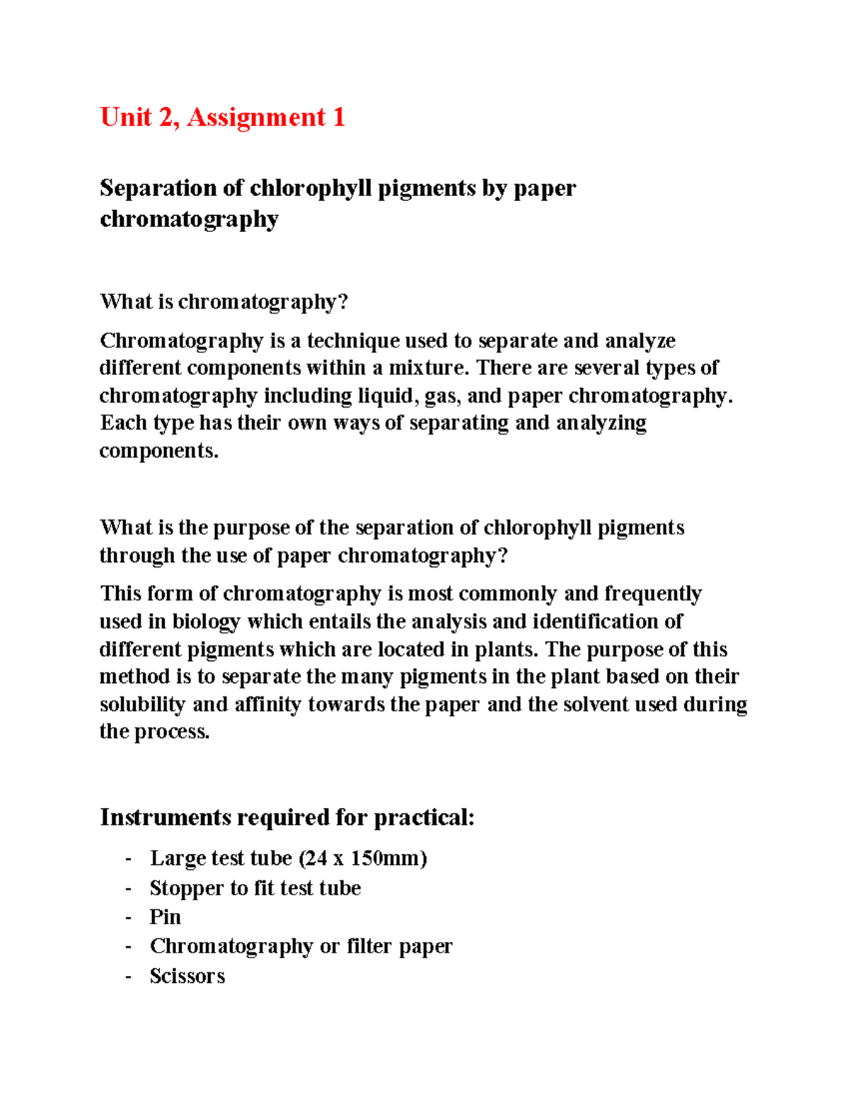 Unit 2 - Assignment C: Chromatography Techniques & Analysis - Studocu