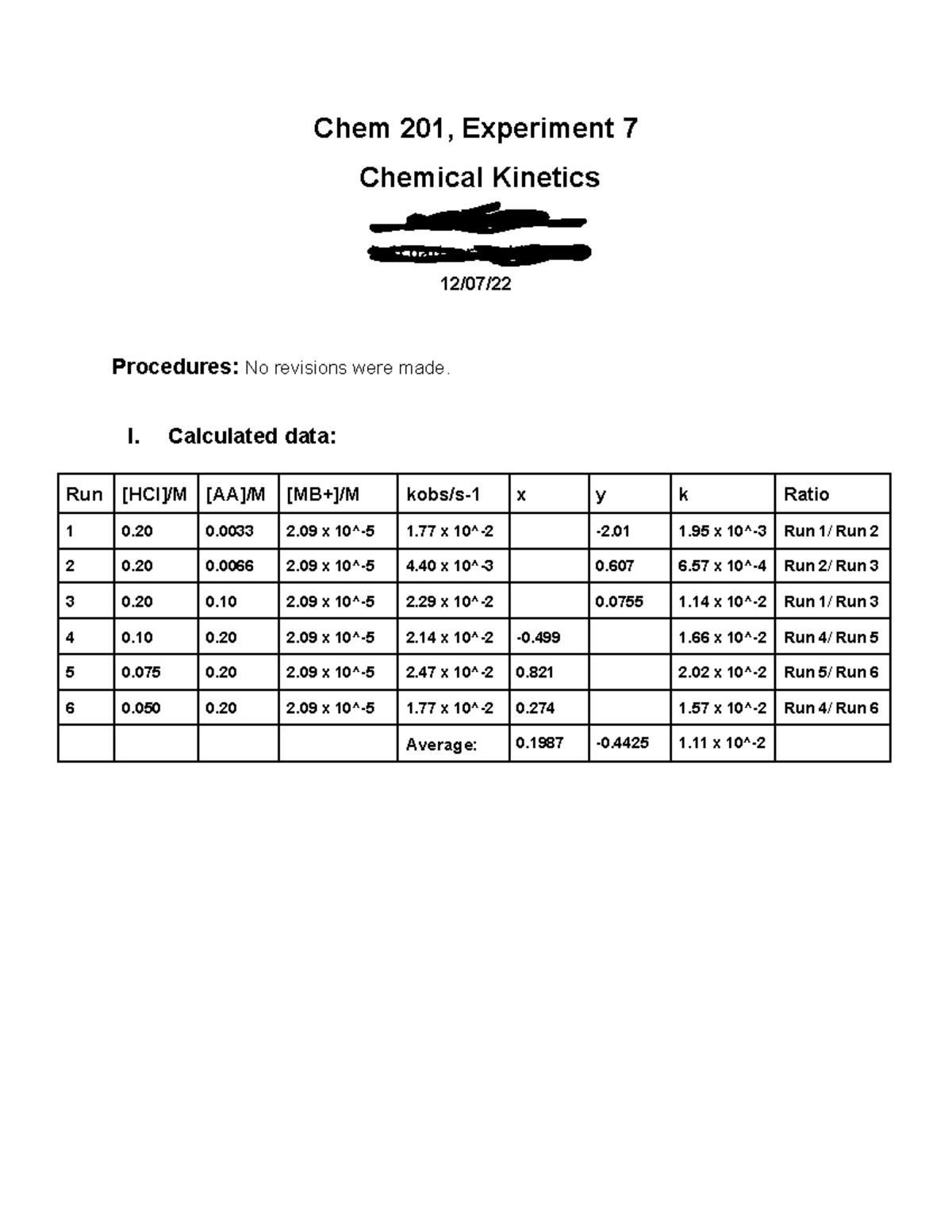 Lab report #7: chemical kinetics - Chem 201, Experiment 7 Chemical ...