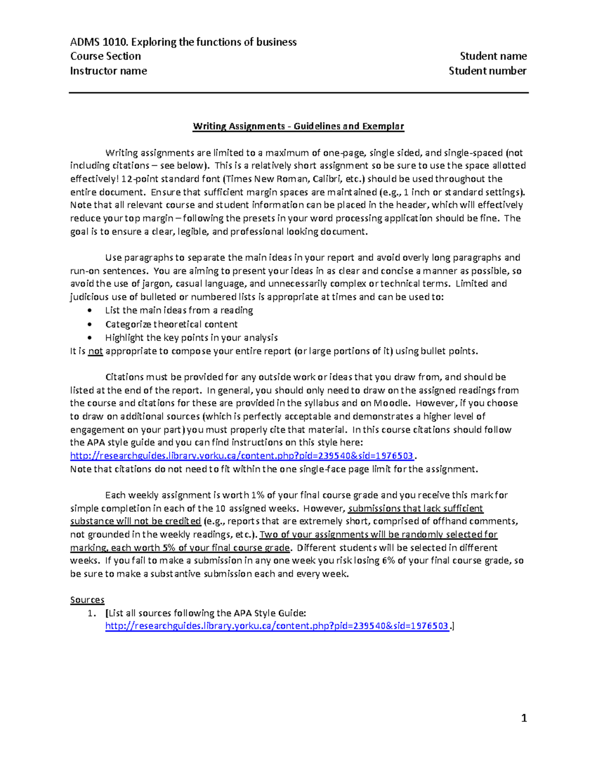 ADMS 1010. Writing Assignment Guidelines and Exemplar for Business ...