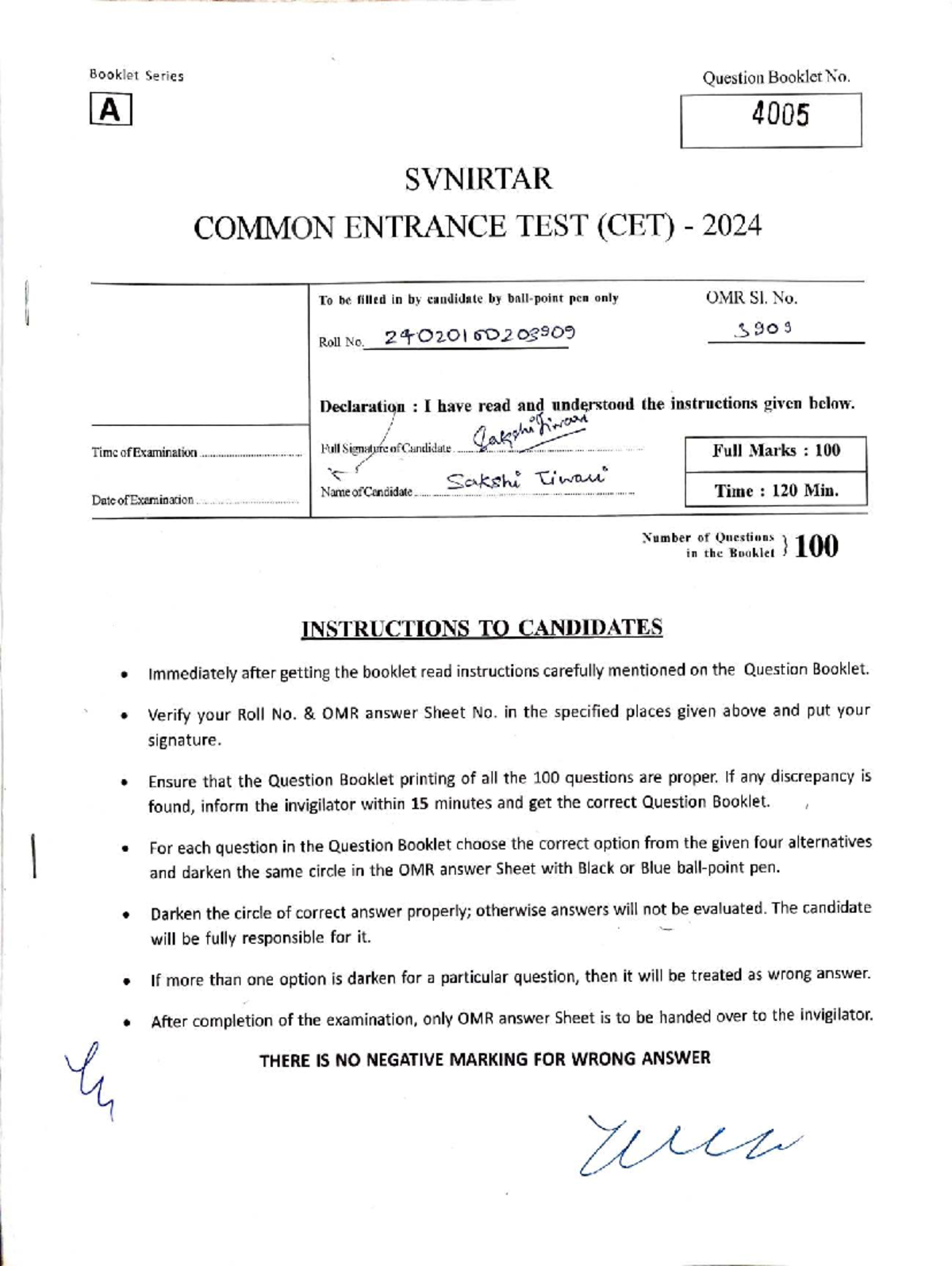 CET 2024 - Common Entrance Test Question Booklet No. A 4005 - Studocu