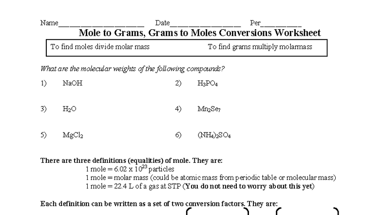 Mole to Grams & Grams to Moles Conversions Worksheet (Chem 101) - Studocu