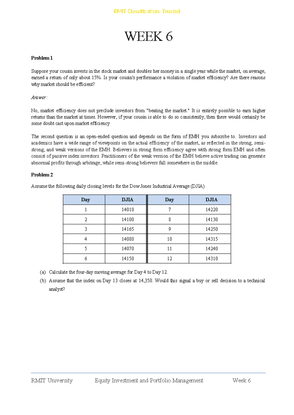 Week 6 - Tutorial Answers on Market Efficiency & Moving Averages - Studocu