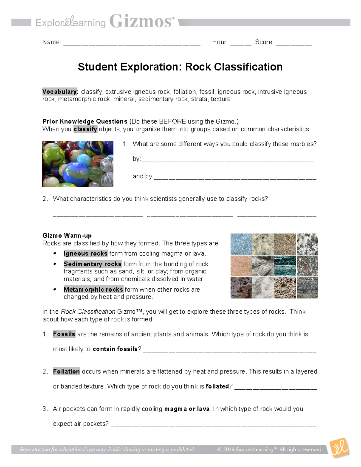 Rock Classification Gizmo Worksheet for Igneous, Sedimentary ...
