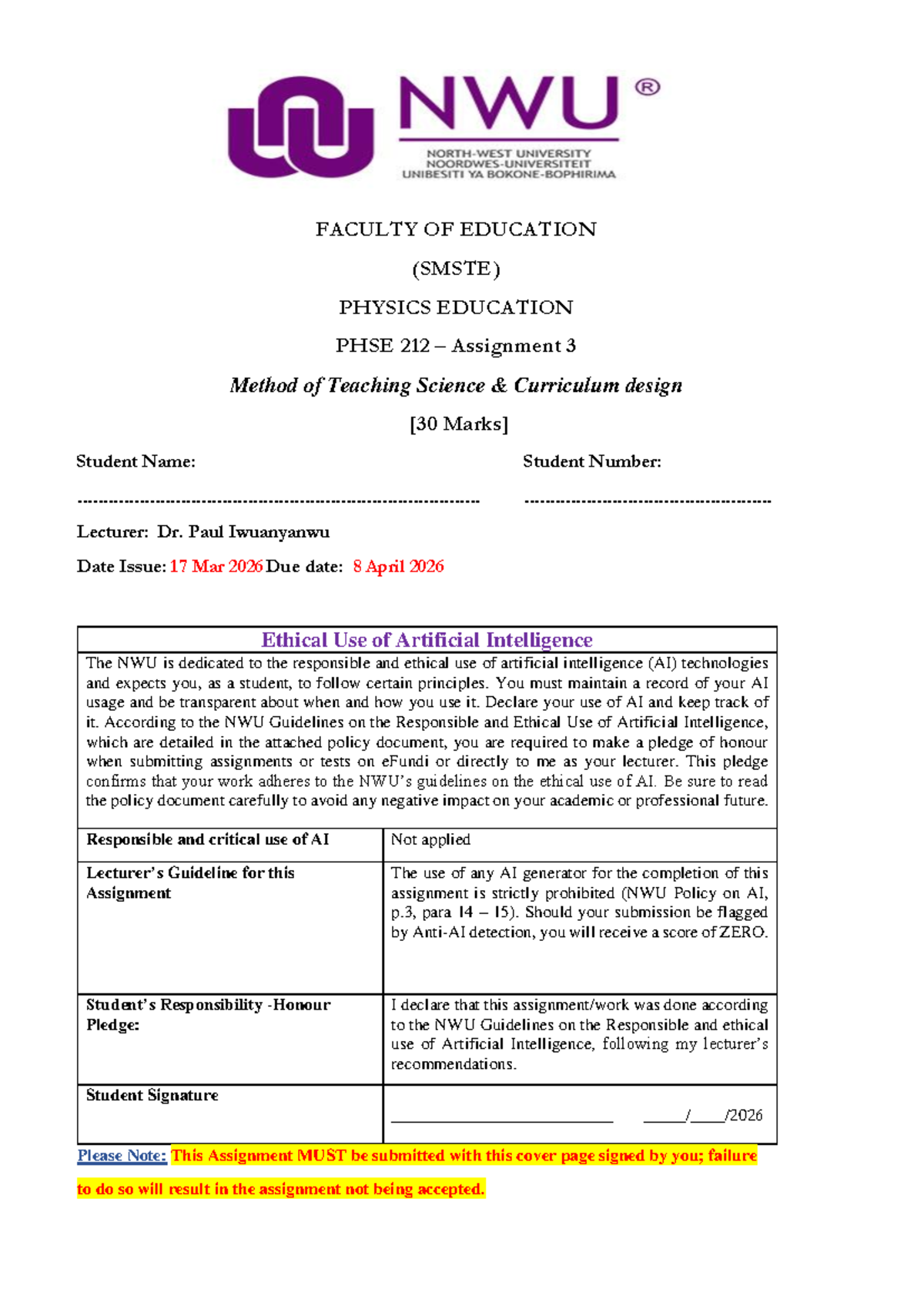PHSE 212 Assignment 3: Method of Teaching Science Curriculum Design ...