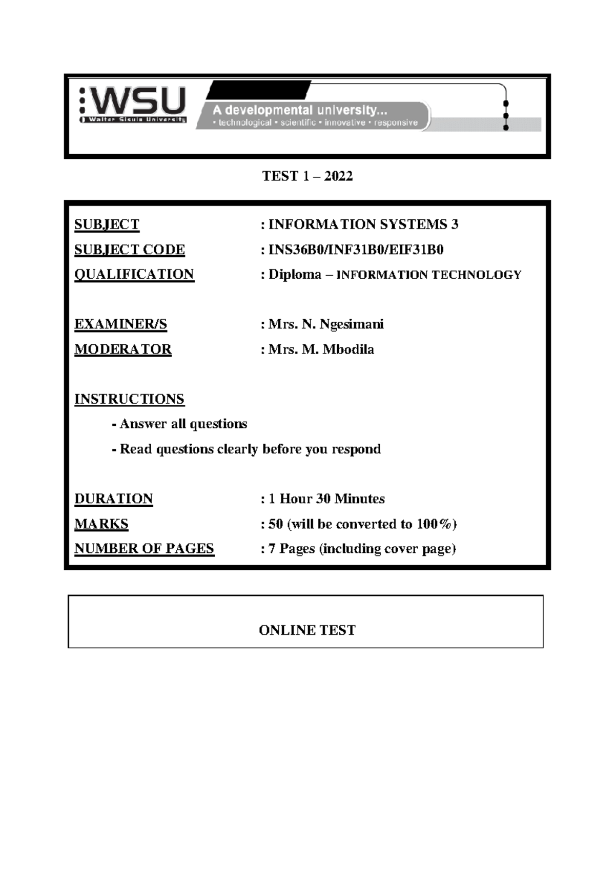 IS3 Test 1 2022 - Practice question papers - TEST 1 – 2022 SUBJECT ...